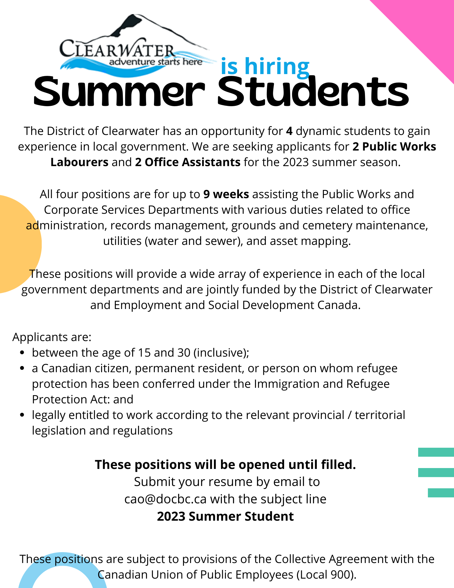 District of Clearwater is Hiring Summer Students : District of Clearwater